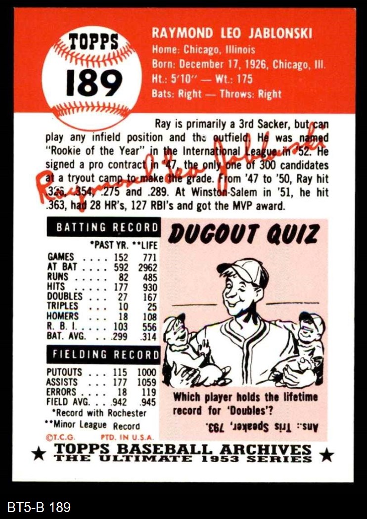 1953 Topps Archives #189 Ray Jablonski