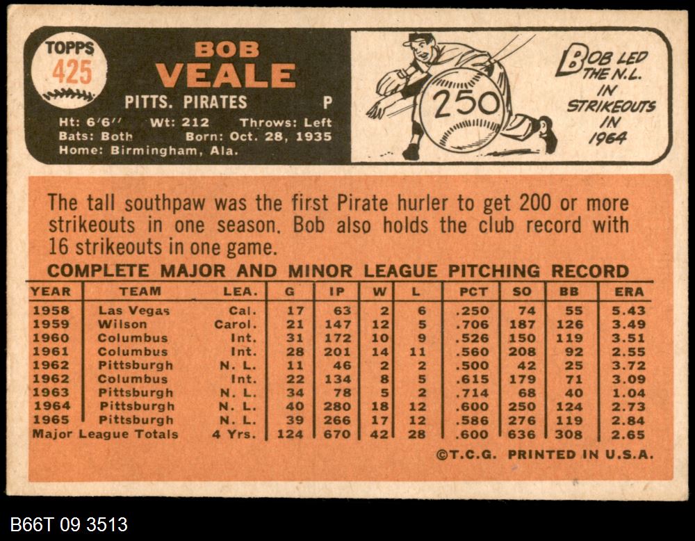 1966 Topps #425 Bob Veale