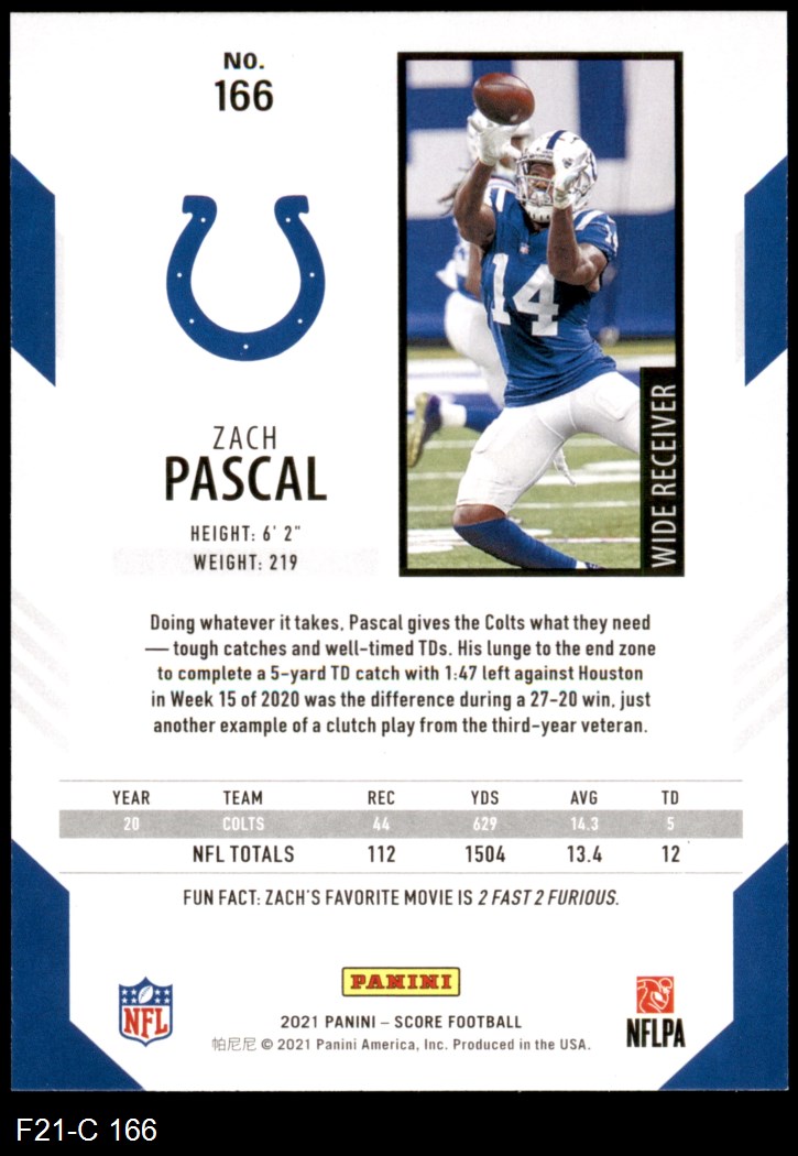 2021 Score #166 Zach Pascal 8 - NM/MT