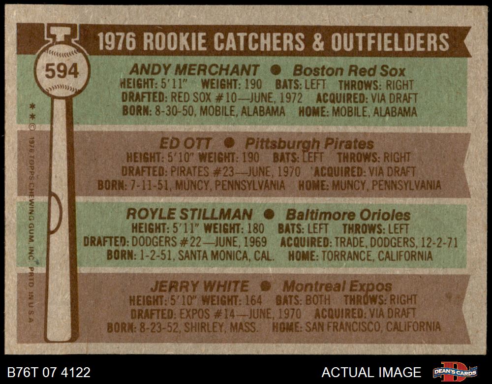 1976 Topps #594 Rookie Catchers and Outfielders Andy Merchant / Ed Ott ...