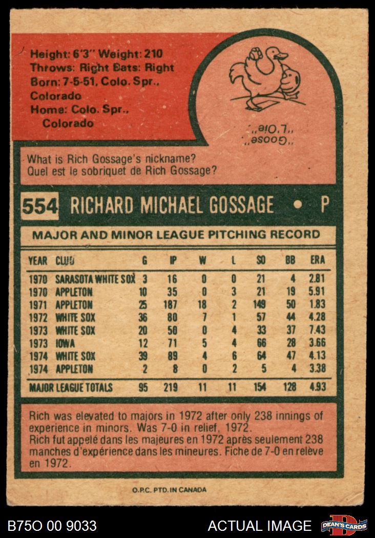 1975 O-Pee-Chee #554 Rich Goose Gossage