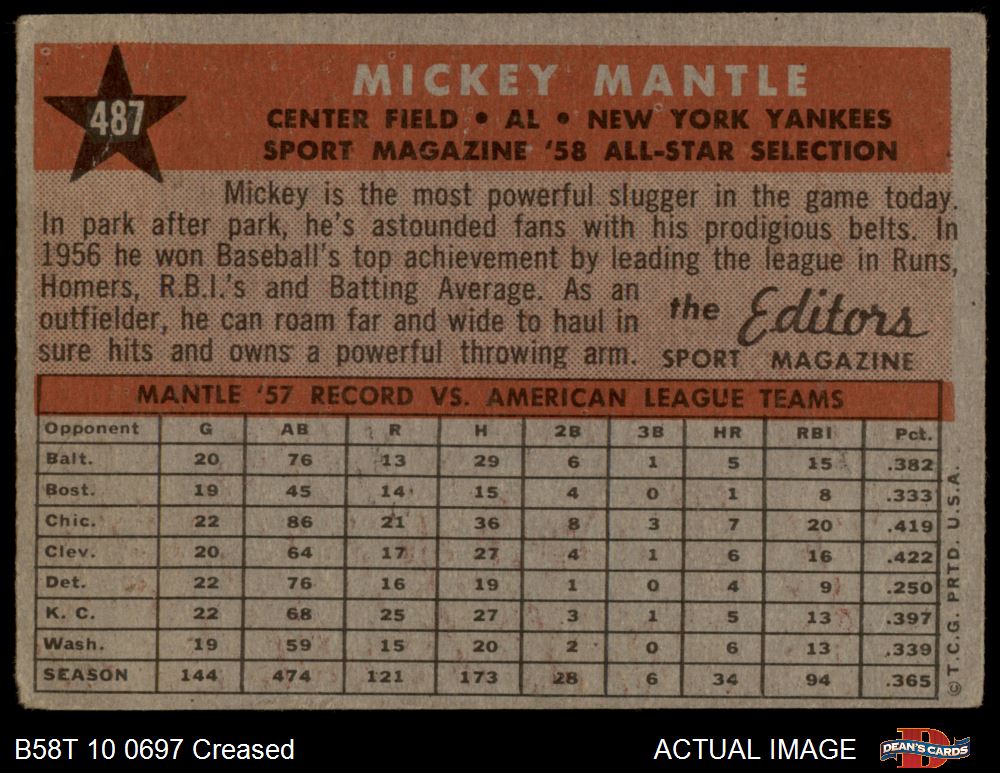 1958 Topps #487 - Mickey Mantle All-Star